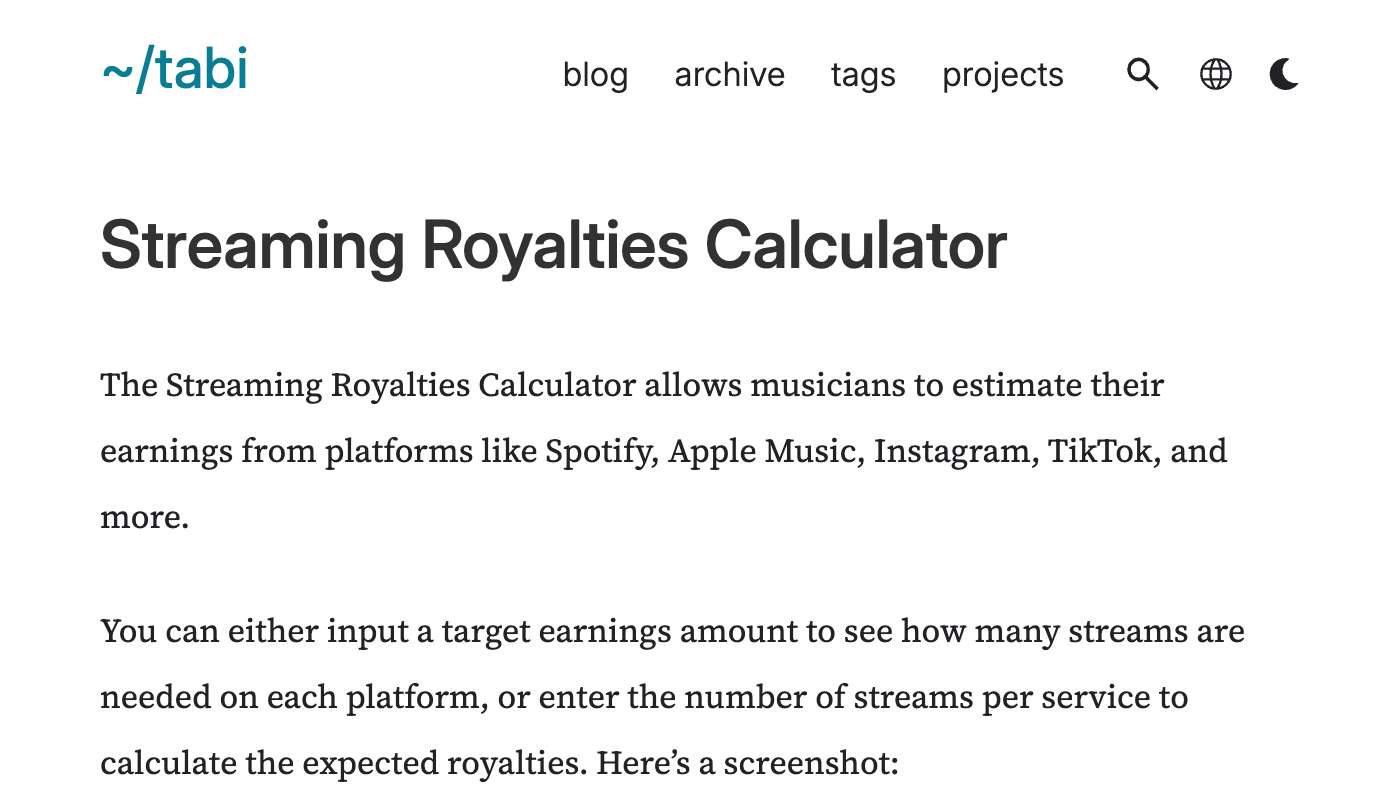 ~/tabi • Streaming Royalties Calculator